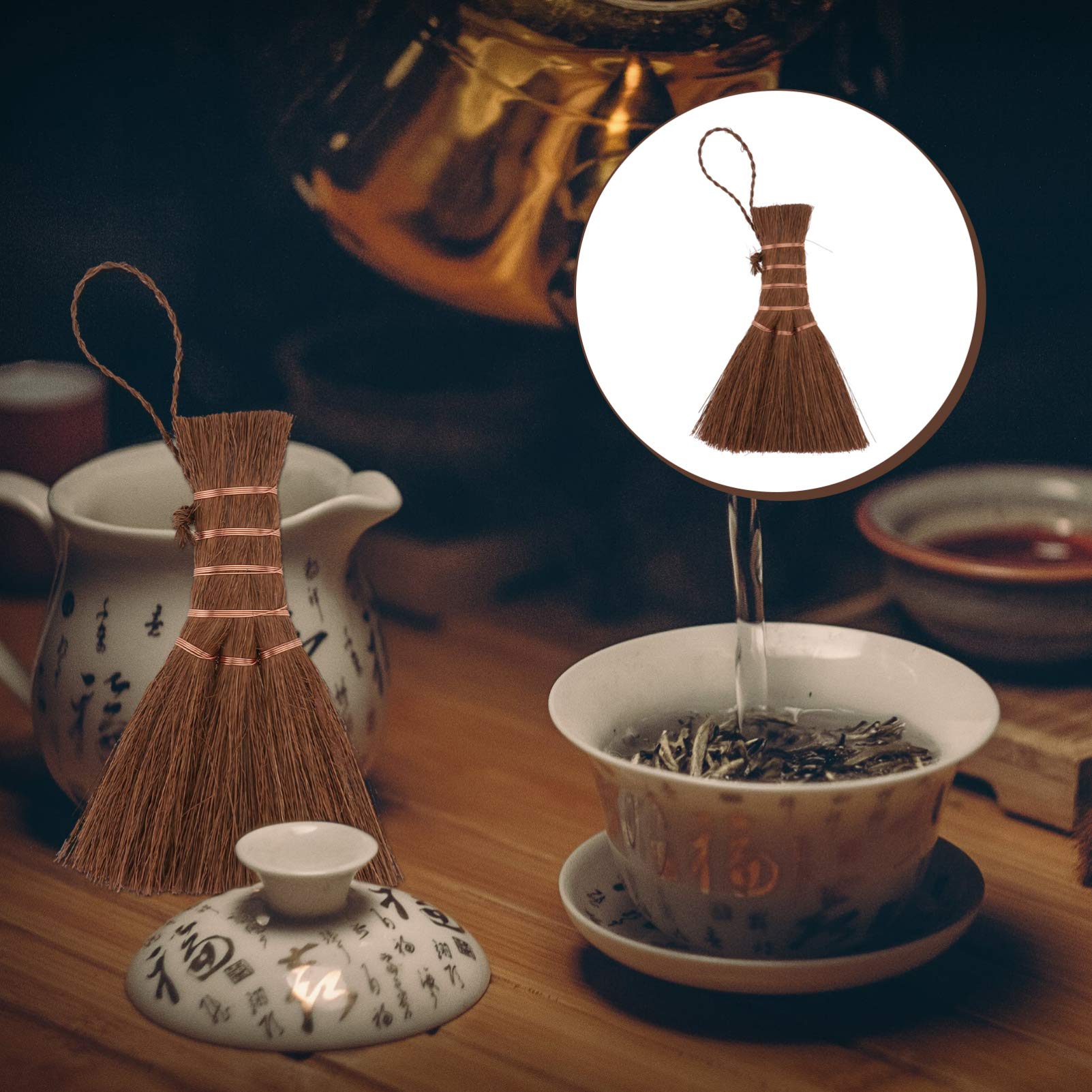 YARDWE Mini Palm Broom Natural Whisk Sweeping Hand Handle Broom Small Tea Ceremony Broom Desk Cleaning Brush for Dining Room Tables Countertop Brown 1