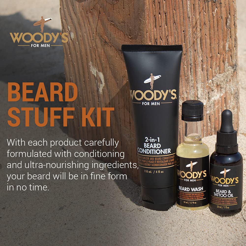 Woody's Beard Stuff 3 Piece Kit, Beard & Tattoo Oil, Wash, 2 in 1 Facial Hair Conditioner, Cleanse, Moisturize, and Style