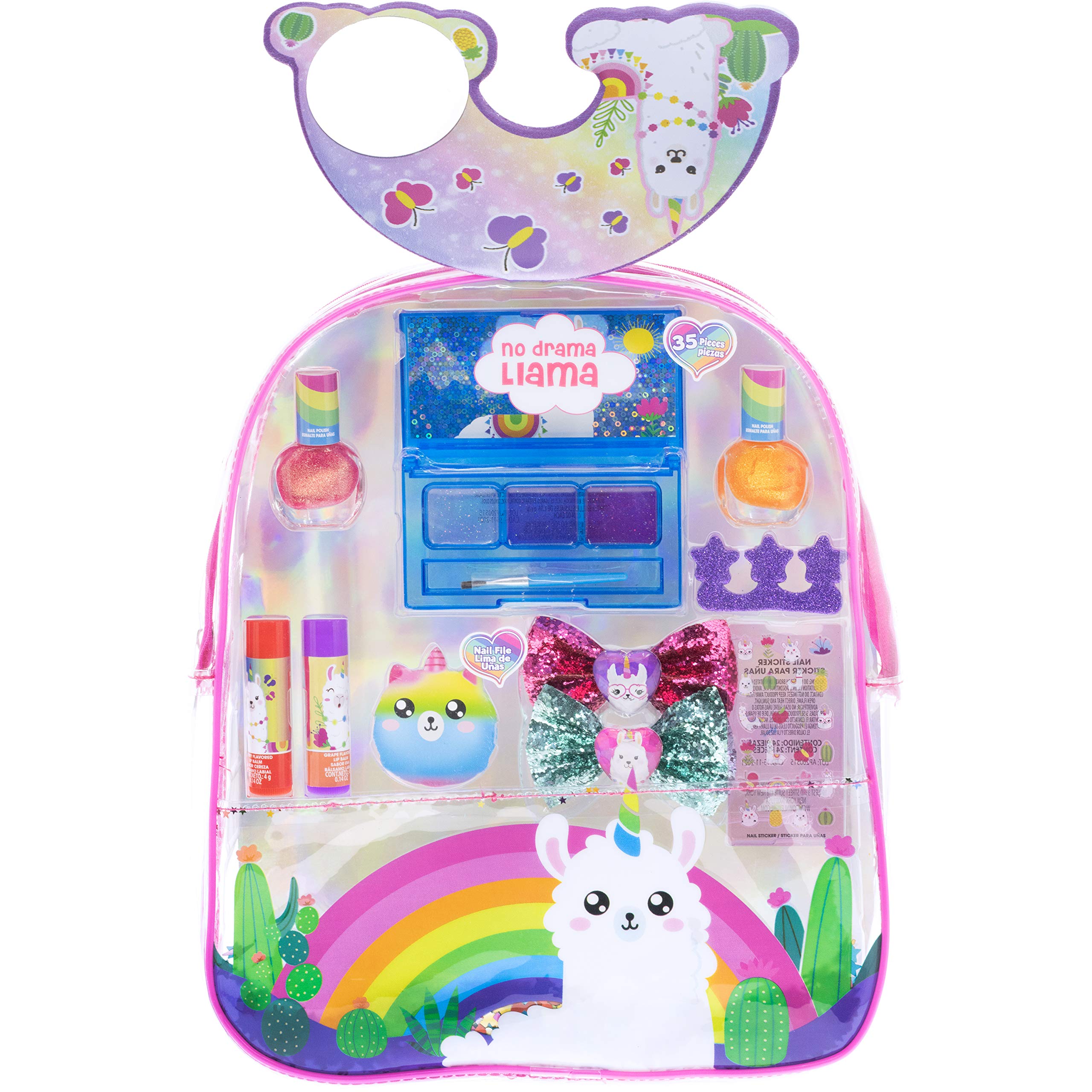 Townley Girl No Drama Llama Makeup Filled backpack Set with 10 Pcs, Including Lip Gloss, Lip Balm, Nail Polish, Nail Stickers, Hair Bows, Flip Up Mirror and More, Ages 3+