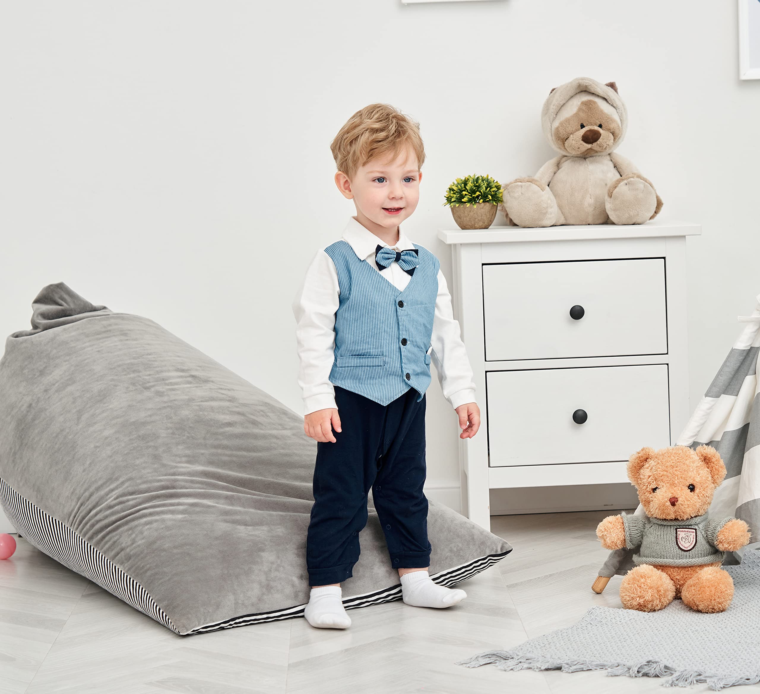 Feidoog Newborn Gentleman One Piece Long Sleeve Baby Boys Gentleman Formal Tuxedo Outfit Suit,Blue,0-3M