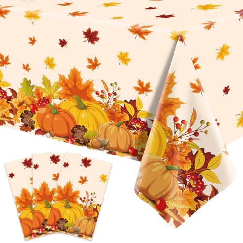 3-Piece 54 x 108 Inch Fall Harvest Plastic Tablecloth - Autumn Maple Leaves Disposable Rectangle Table Cover for Thanksgiving Day Parties, Dinners, and Celebrations, Indoor Outdoor Table Decorations