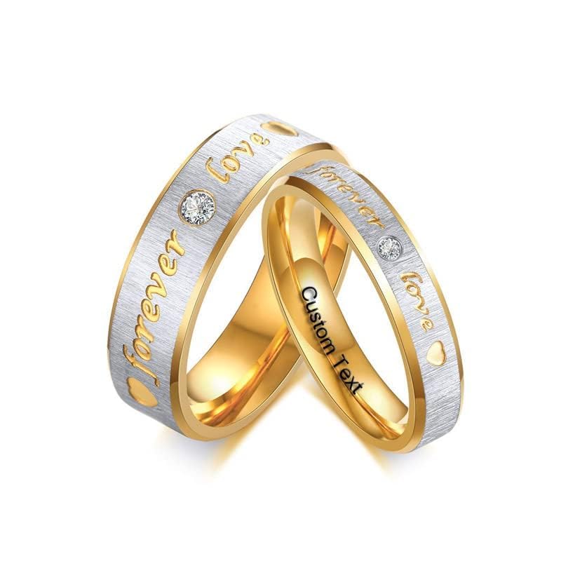 4EAELove Customize Forever Love Promise Couple Rings Inside Free Engraved Cubic Zirconia Rings Wedding Bands Engagement Gifts Titanium Steel Golden (Couple,1 PAIR)