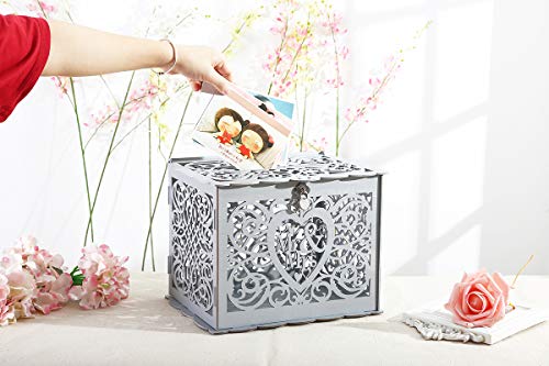 Mimacoo Wedding Money Box Holder with Sign, Large Rustic Wood Wooden DIY Envelop Gift Card Shadow Boxes with Lock Slot for Reception Anniversary (Silver)