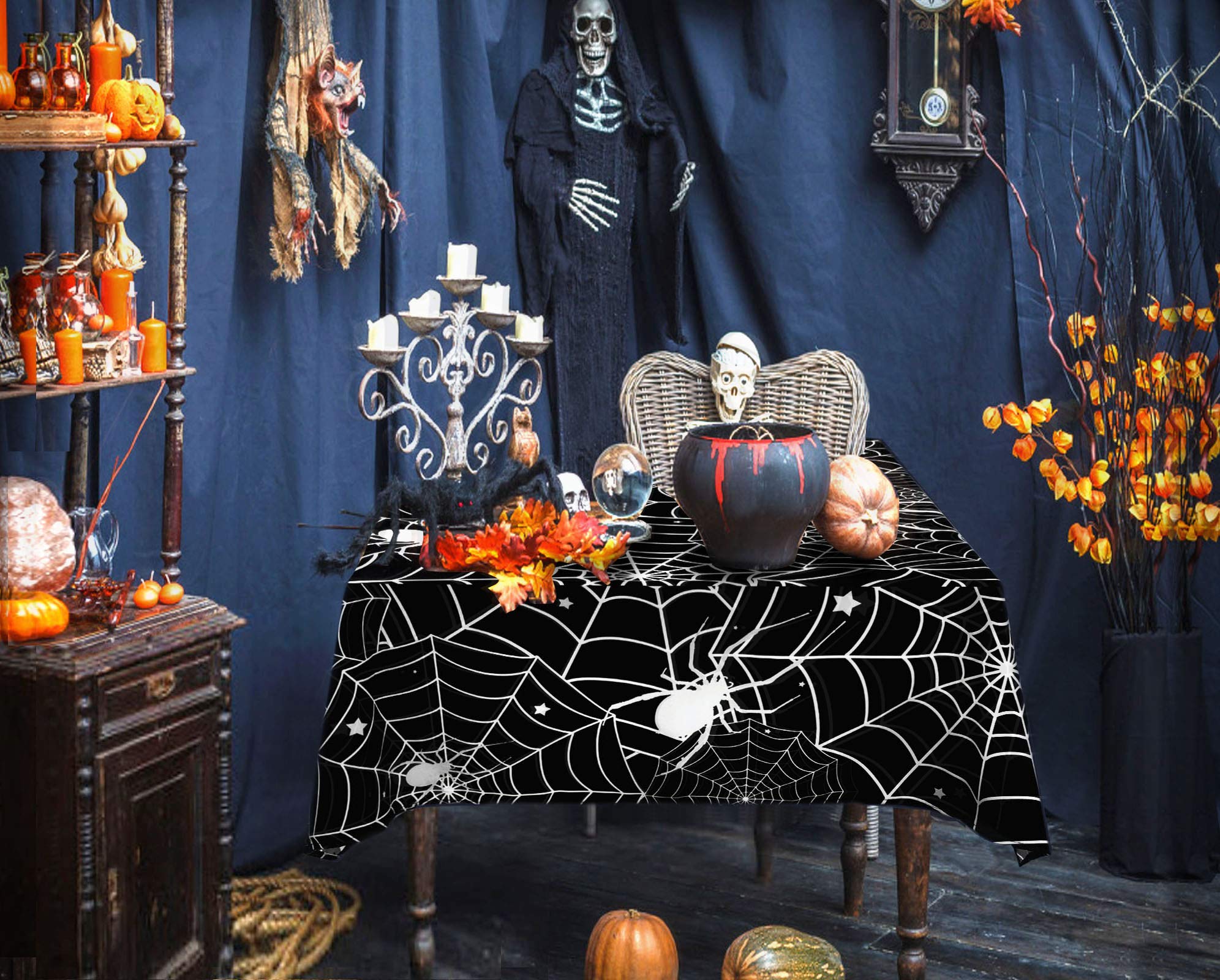 60 Inch Round Polyester Tablecloth, Halloween Black Spider Web Table Cloth, Spillproof Washable Polyester Table Cover - Perfect for Halloween Party Decorations