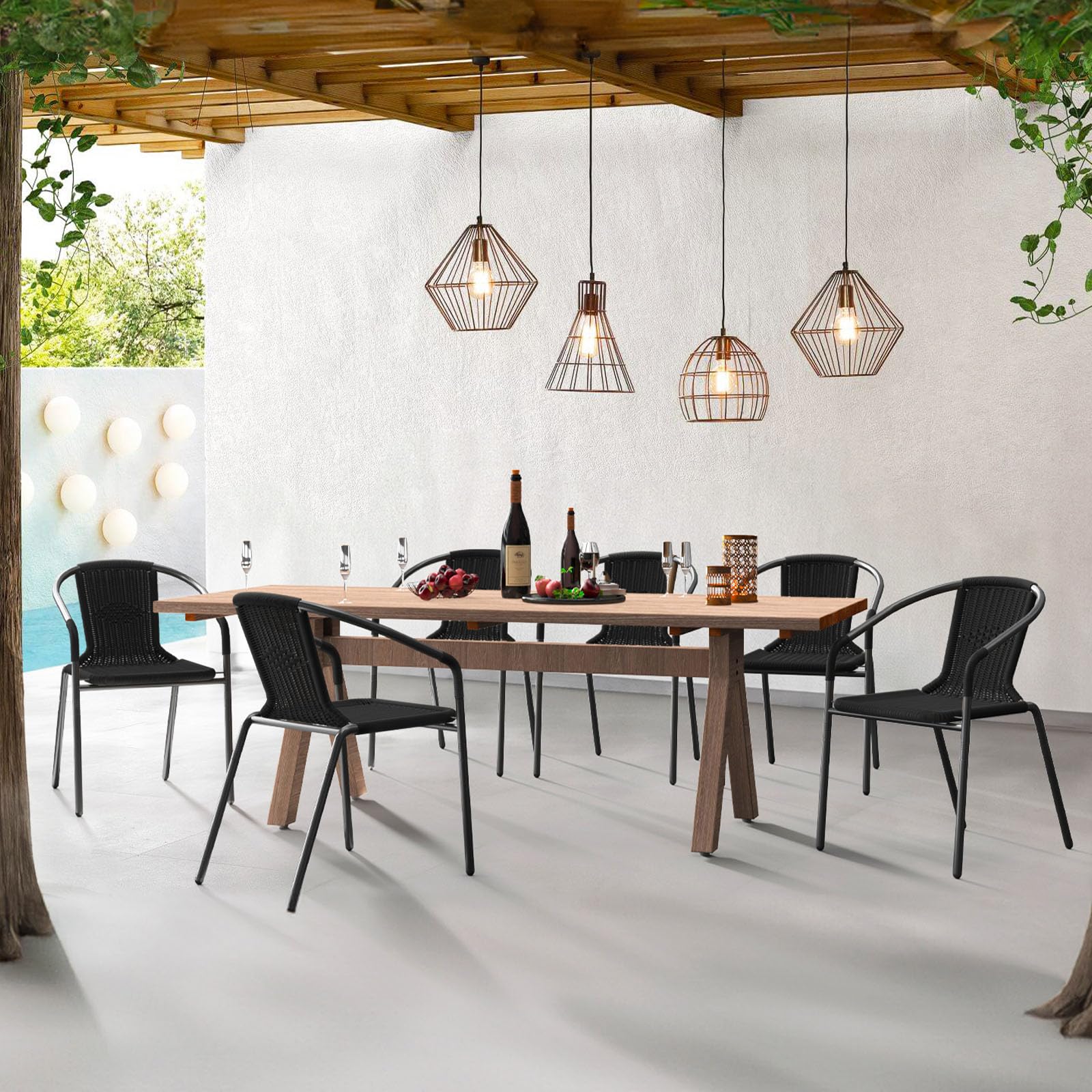 Amopatio Outdoor Dining Chairs Set of 4, Wicker Patio Chairs with Metal Frame, Rattan Indoor-Outdoor Chairs for Bistro, Deck, Yard, Porch, Restaurant Stack Chair 4 Pack Black