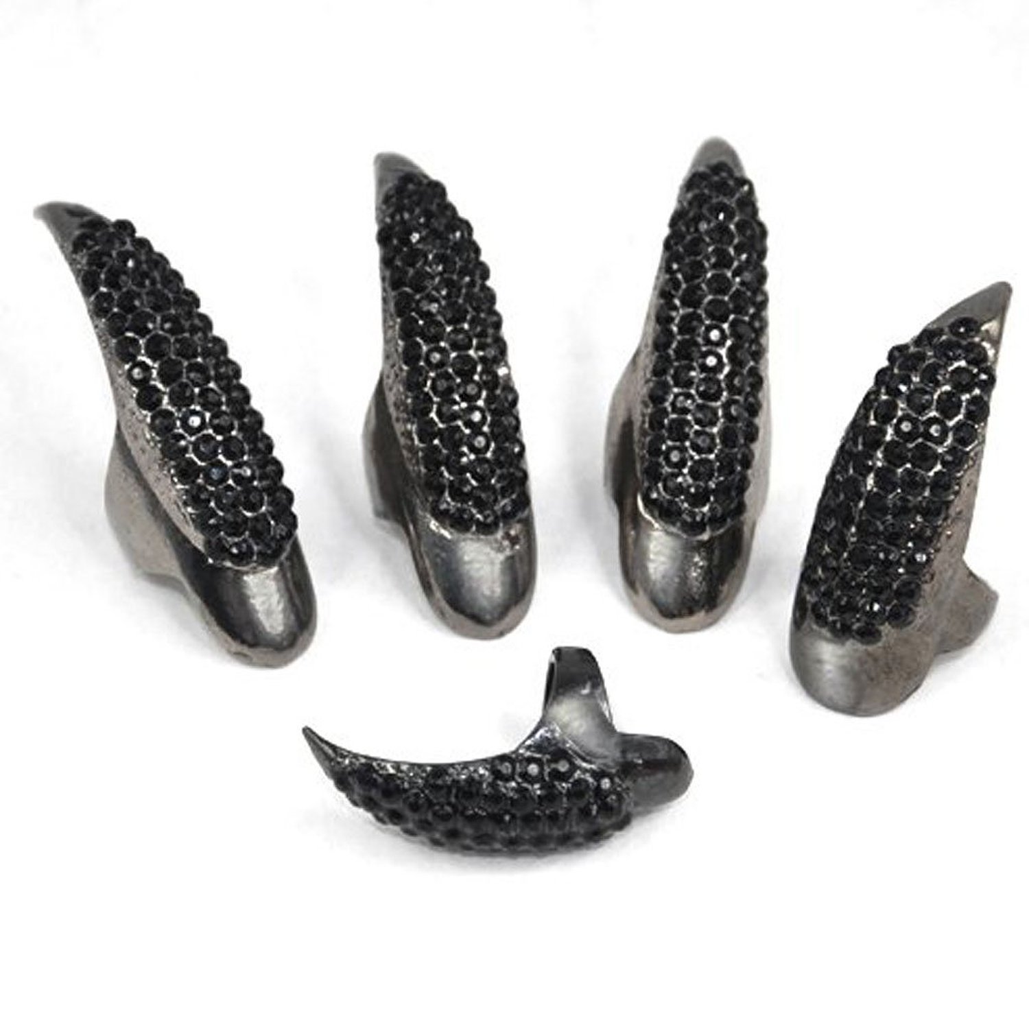 5PCS Clear Crystal Eagle Claw Paw Talon Finger Ring Fashion Jewelry Punk False Nail Knuckle Bend Finger Tip (Black)