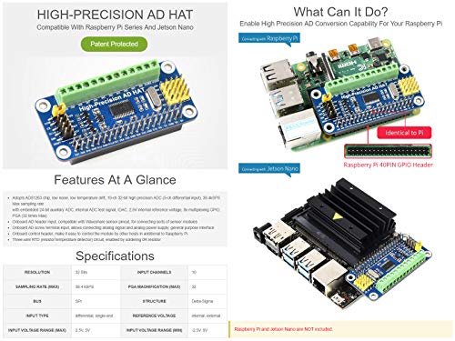 Waveshare High-Precision AD HAT, Compatible with Raspberry Pi 5/4B/3B/Zero/Zero W/Zero 2W/Pico/Pico W/Pico WH and Jetson Nano, ADS1263 10-ch 32-bit ADC