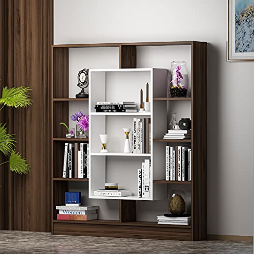 HOMIDEA Venus Bookcase - Room Divider - Free Standing Shelving Unit for Living Room or Office in a Modern Design (Walnut/White)