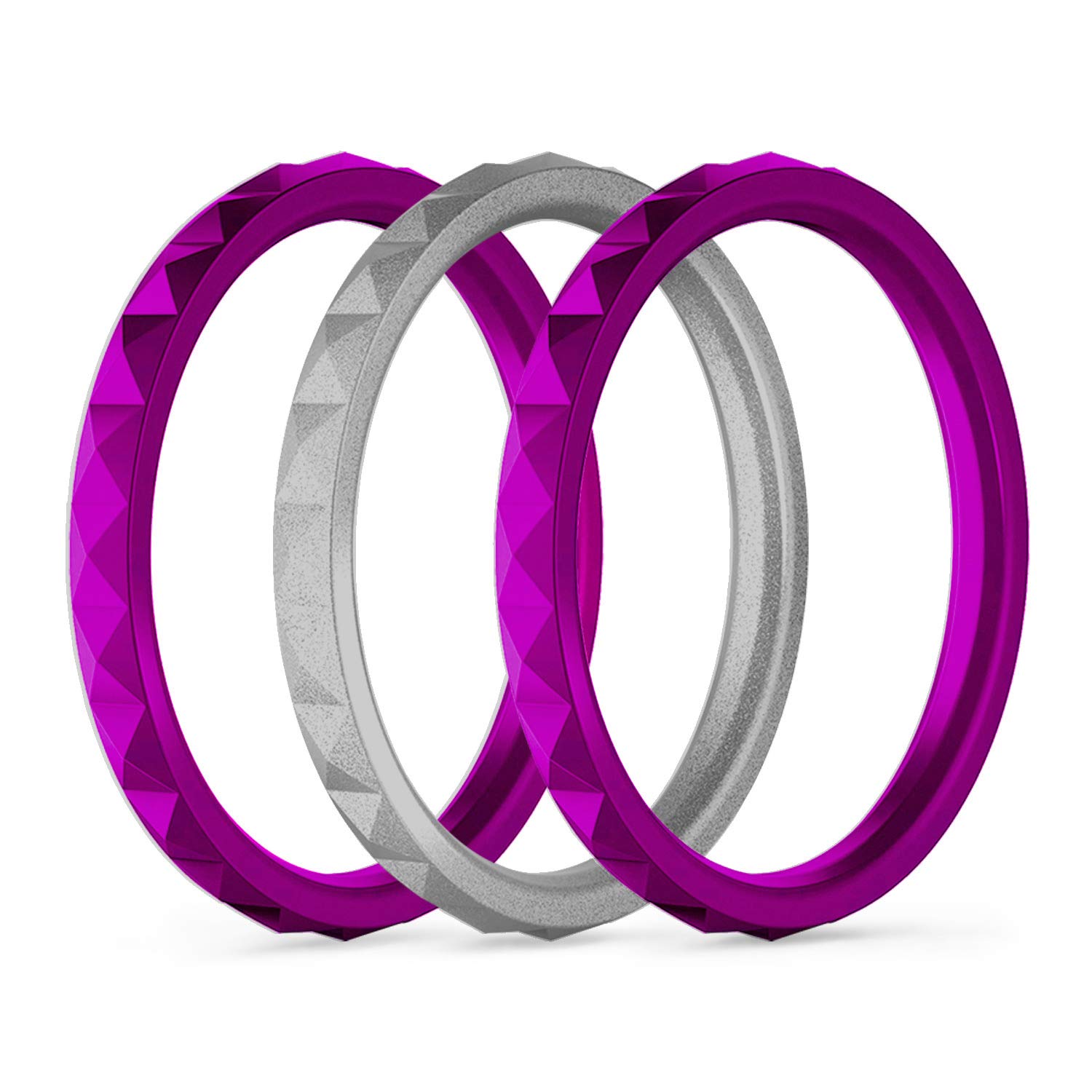25Twelve Womens Silicone Wedding Ring - Sets of Vibrant Colors Fun to Mix and Match Rubber Wedding Bands for Women, 2 Wild Violet with 1Silver Maple, sz5