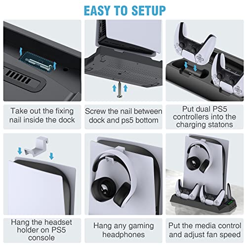 CYKOARMOR PS5 Stand with Cooling Station and Dual Controller Charging Station for PS5 Digital Edition, PS5 Disc Version, PS5 Cooling Fan with Headset Holder and 3 Adjustable Fan Speeds Black