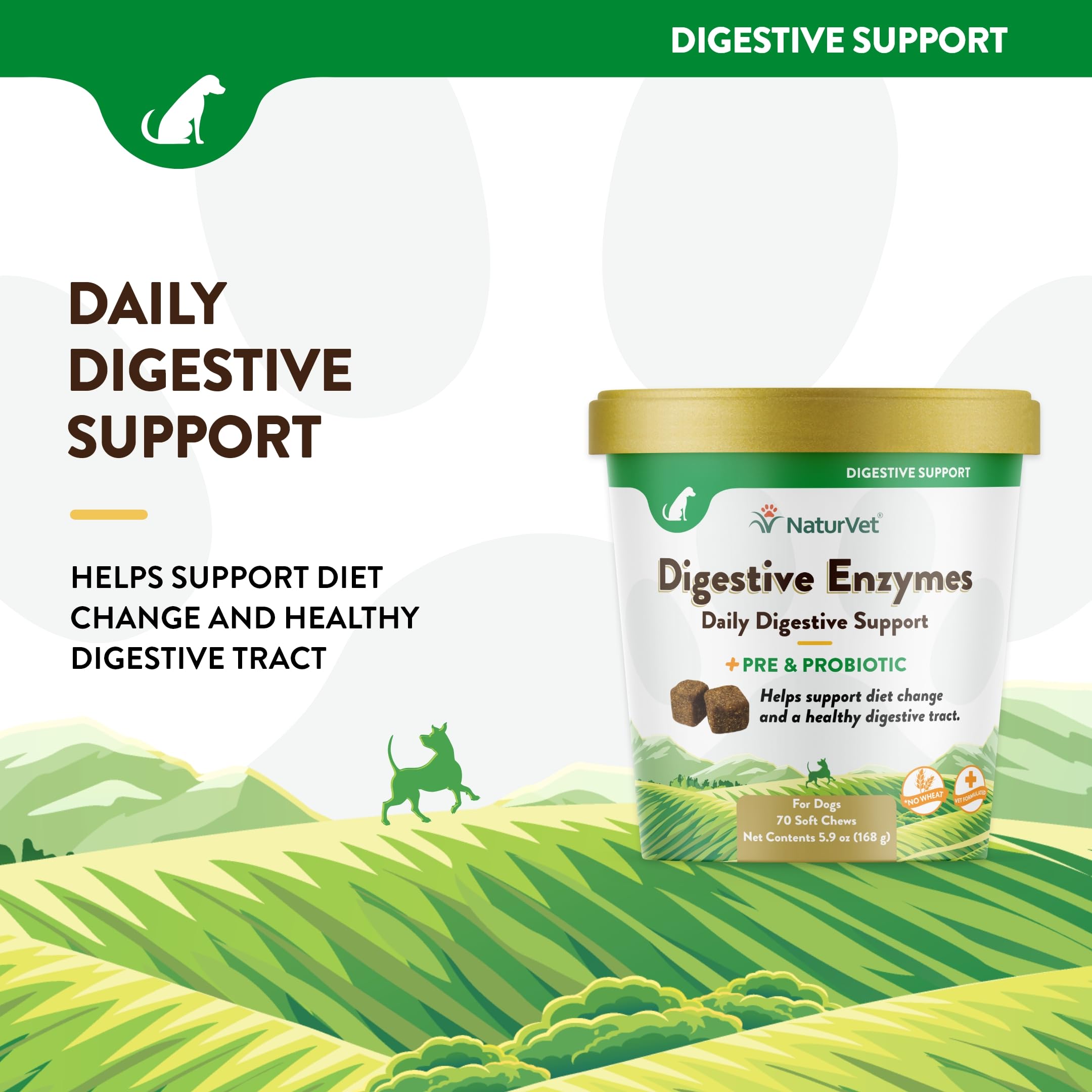 NaturVet Advanced Probiotics and Enzymes Supplement Digestive Enzymes - Plus Probiotics & Prebiotics Soft Chews, 70 Count Made in The USA with Globally Source Ingredients 70 Soft Chews