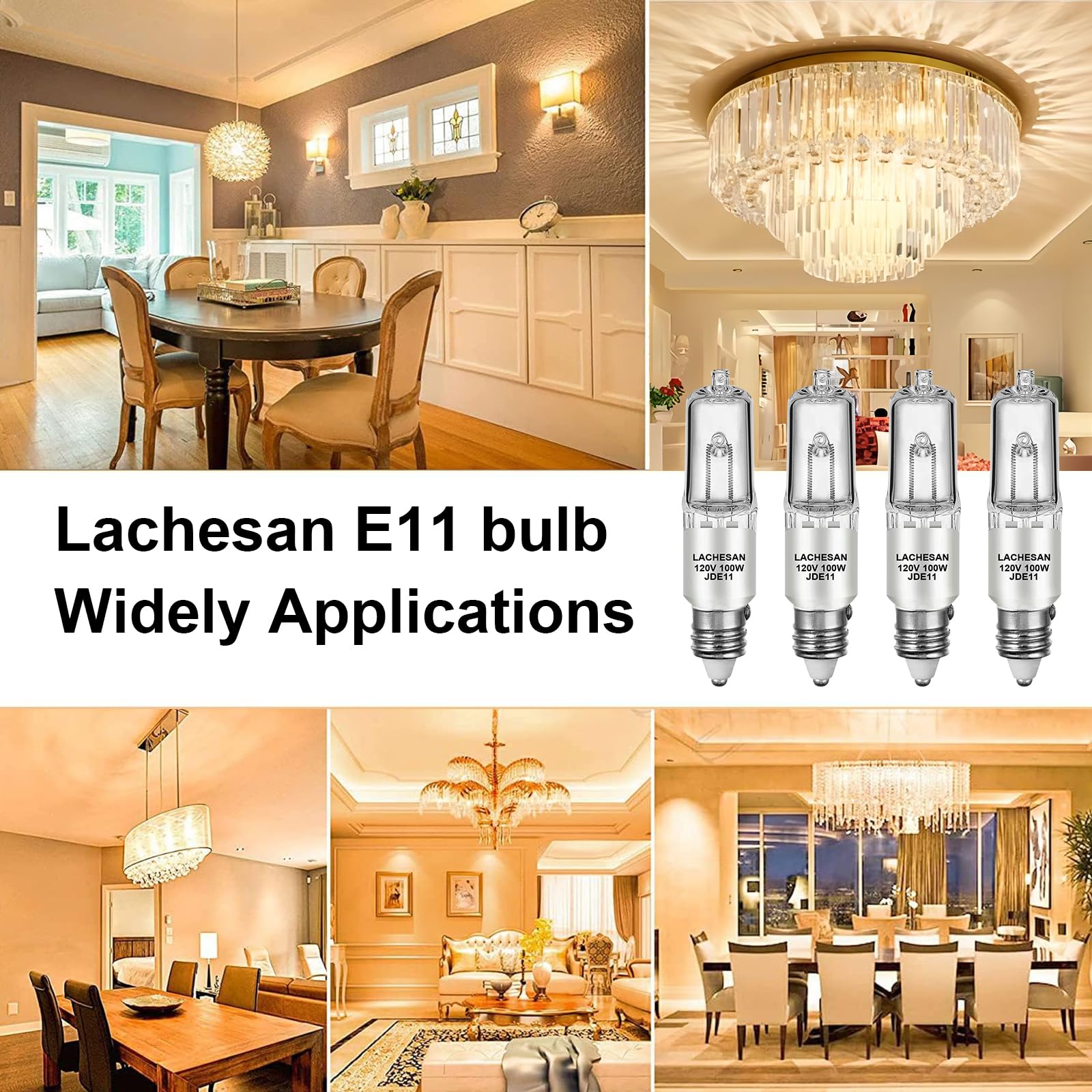 Lachesan JDE11 120v 100w, E11 Halogen Bulb(Replacement E11 Led Bulb) T4 Mini Candelabra Base, 2700K Warm White Dimmable for Chandeliers, Ceiling Fan, Table Lamps, Cabinet Lighting, 4 Pack