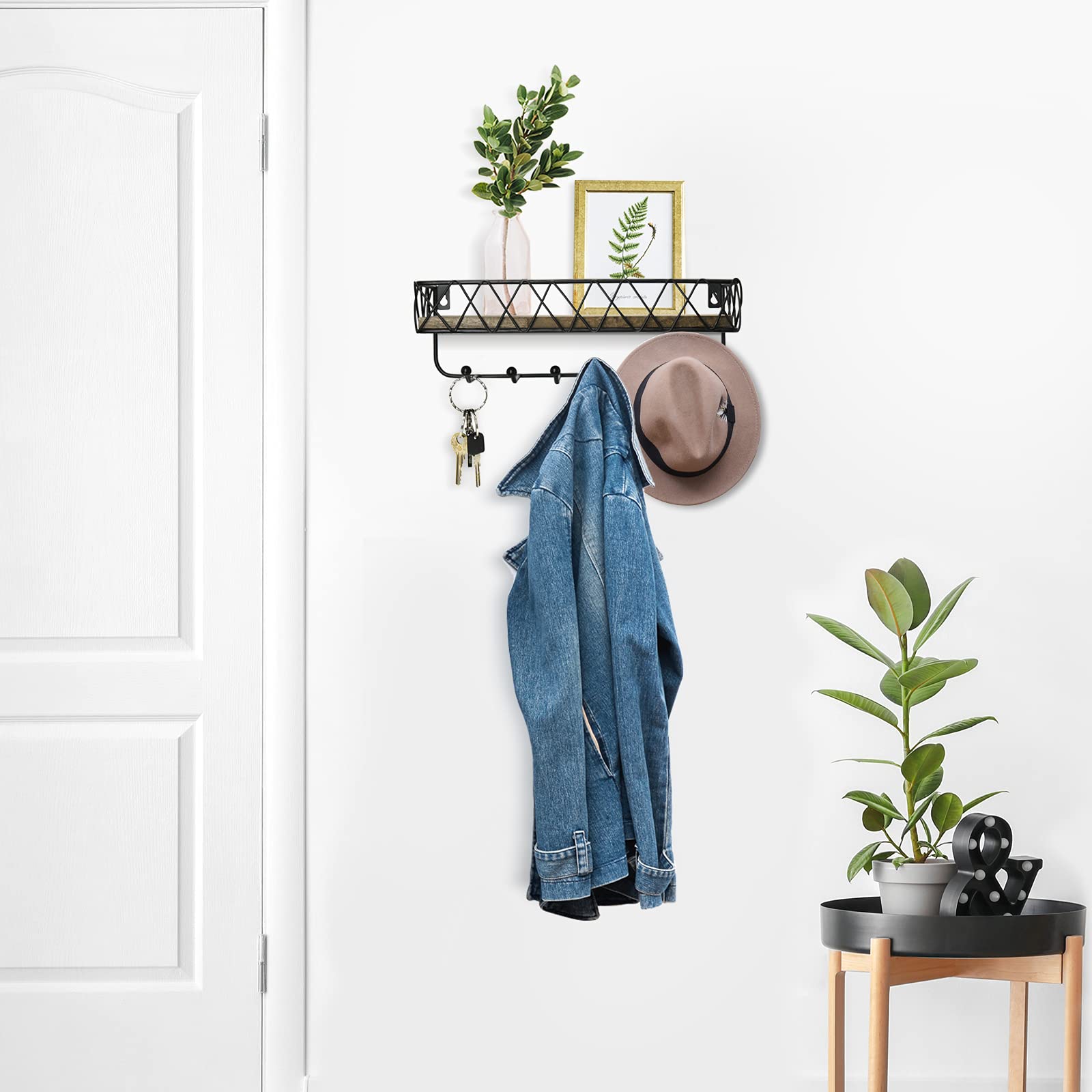 ANRXNCY Decorative Key and Mail Holder for Wall, Wall Mounted Entryway Floating Shelf with 5 Key Hooks, Decorative Metal Wire Mesh Key Holder with Shelf for Wall, Entryway, Bathroom, Office