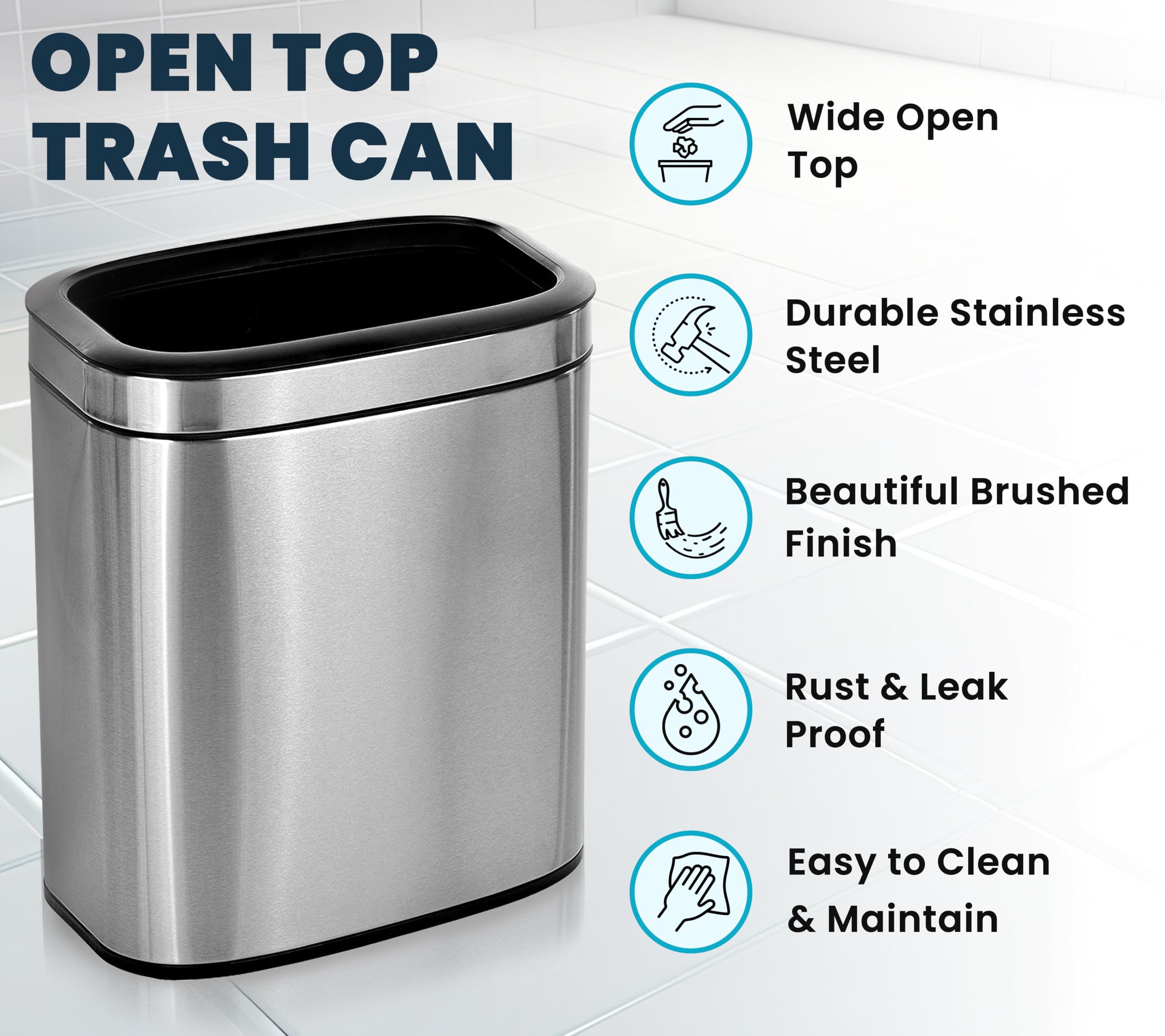 Alpine 20 Liter /5 Gallon Trash Can Open Top - Slim Stainless Steel Trash Can No Lid, Modern Silver Metal Wastebasket, Narrow Trash Can with Removable Trash Bin for Office Desk, Kitchen, Bathroom