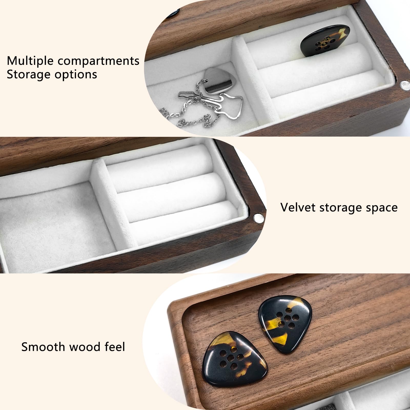 Musiin Luxury Walnut Wood Guitar Pick Holder - Sturdy Guitar Pick Storage Box Display Case Jewelry Box for Men Women Teens Adults - Ideal for Guitar Picks Accessories (Cuboid Style)