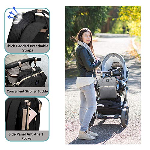 Lamroro Diaper Bag Backpack, Baby Nappy Changing Bags Multifunctional Travel Backpack, Large Capacity, Waterproof, Sunshade, Built-in USB Charging Port Stylish Black