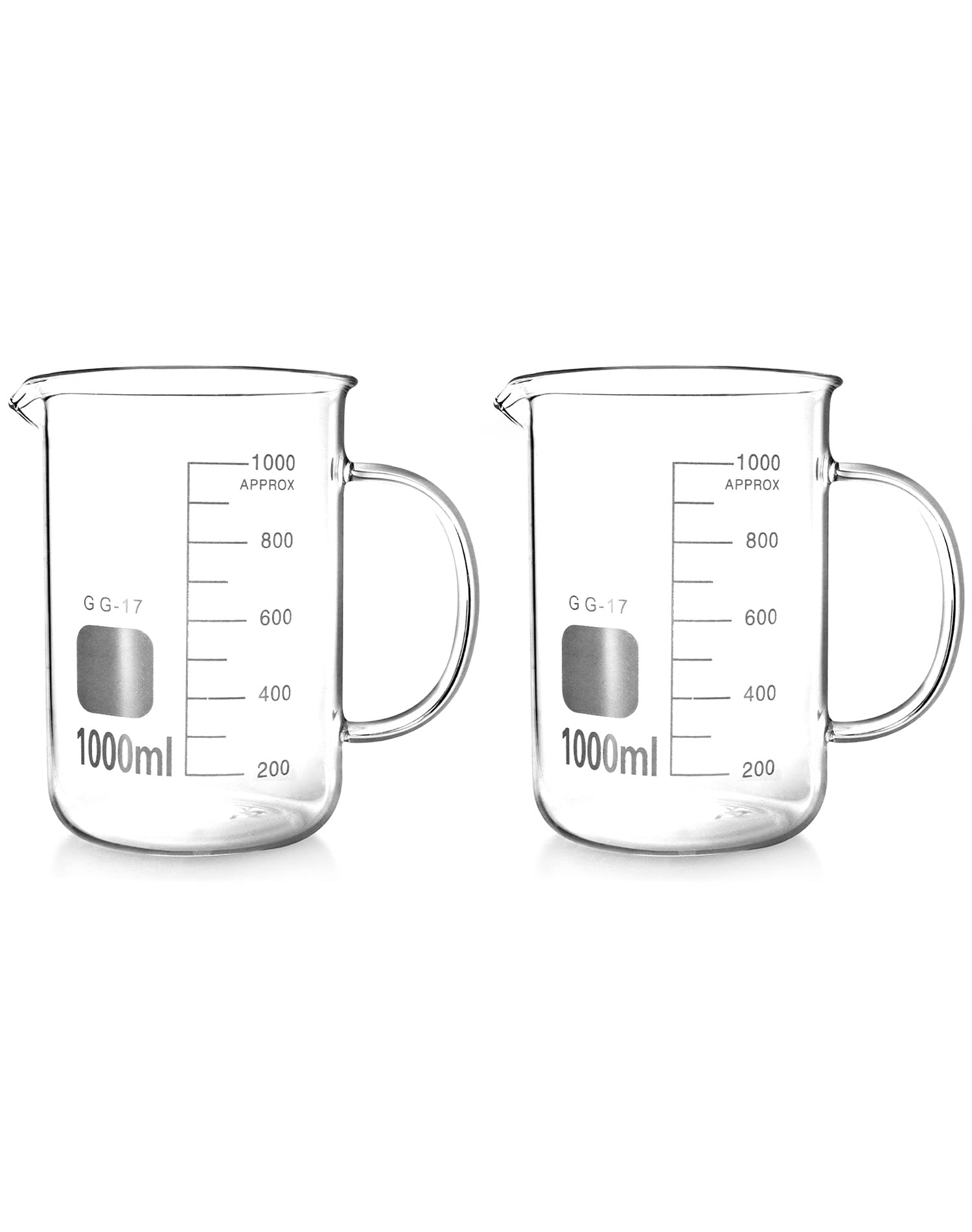 QWORK Beaker with Handle, 1000ml/33.81oz, Measuring Cup, Borosilicate Glass, Beaker Mug with Pouring Spout, 2 Pack