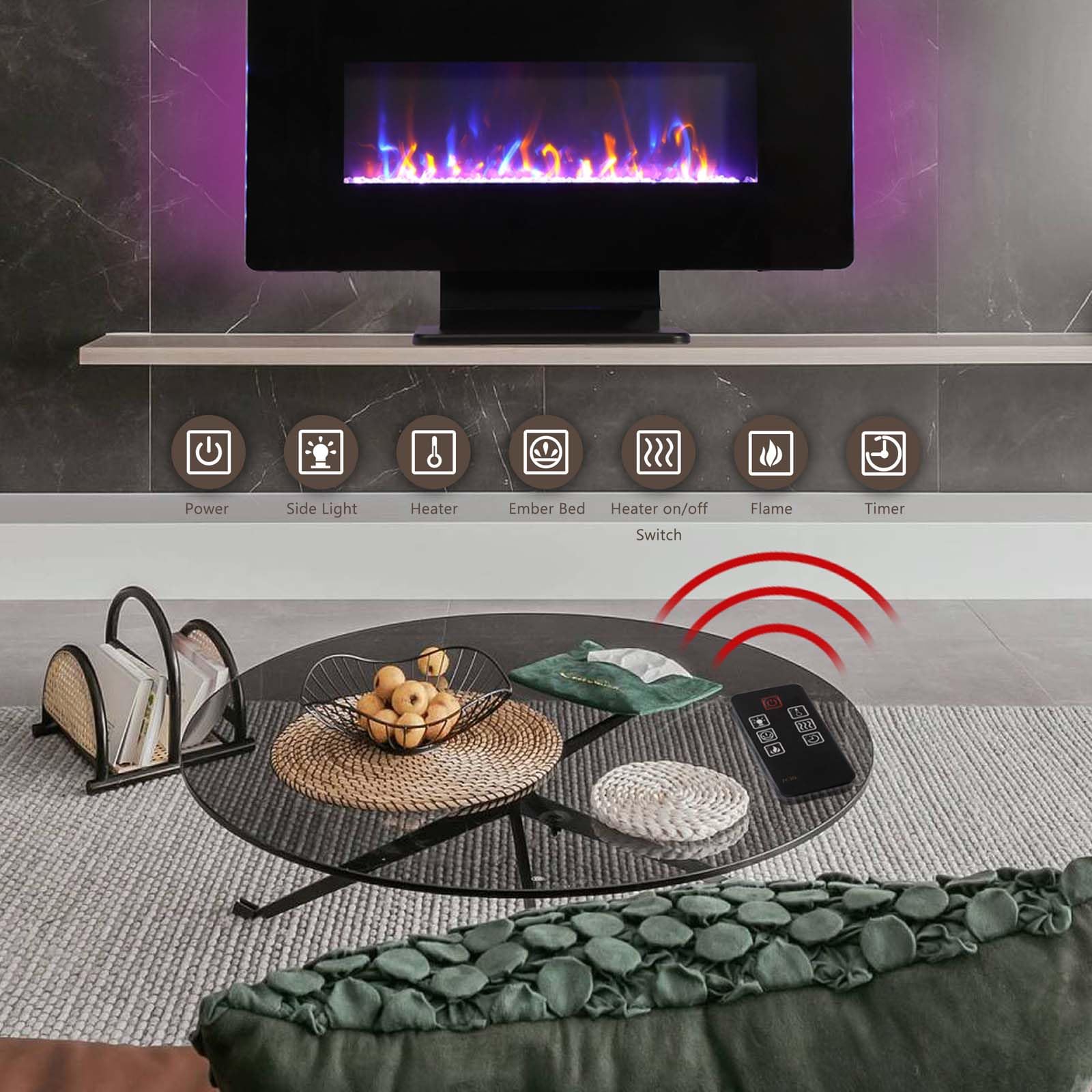 36" Electric Fireplace w/Remote Control, 2 in 1 Wall-Mounted/Freestanding Fireplace Heater w/Timer, Remote Control, Adjustable Flame Color for Bedroom Living Room