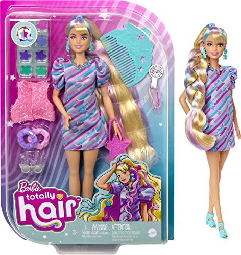 Barbie Totally Hair Doll, Star-Themed with 8.5-Inch Fantasy Hair & 15 Styling Accessories (8 with Color-Change Feature)