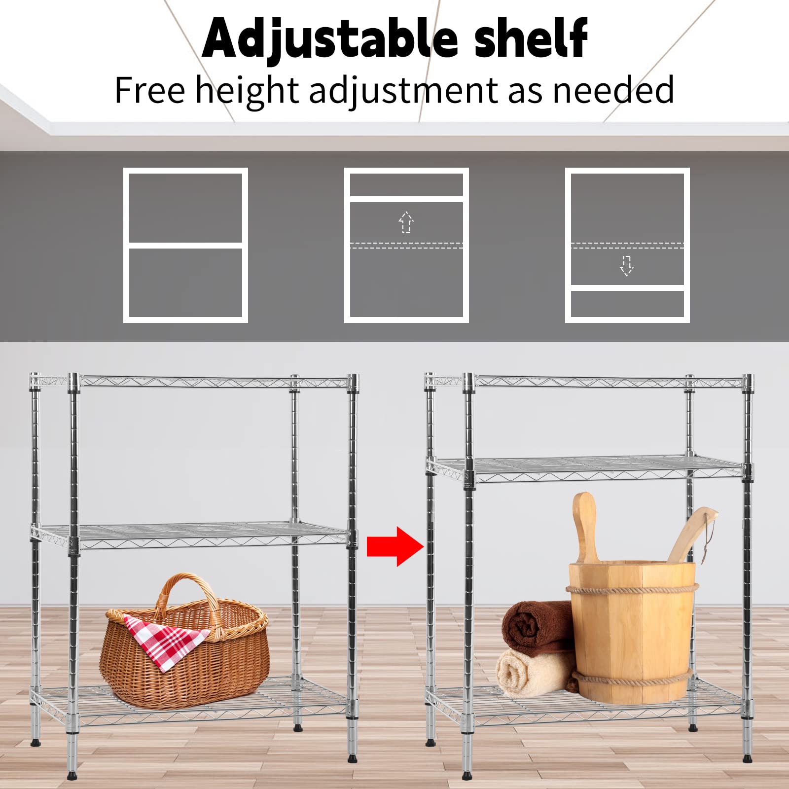 Dlewmsyic Small Storage Shelves, 3-Tier Metal Shelf Height Adjustable 23Lx13.2Wx30.2H 450lbs for Kitchen Pantry Office Rack, Chrome Wire Shelving Unit