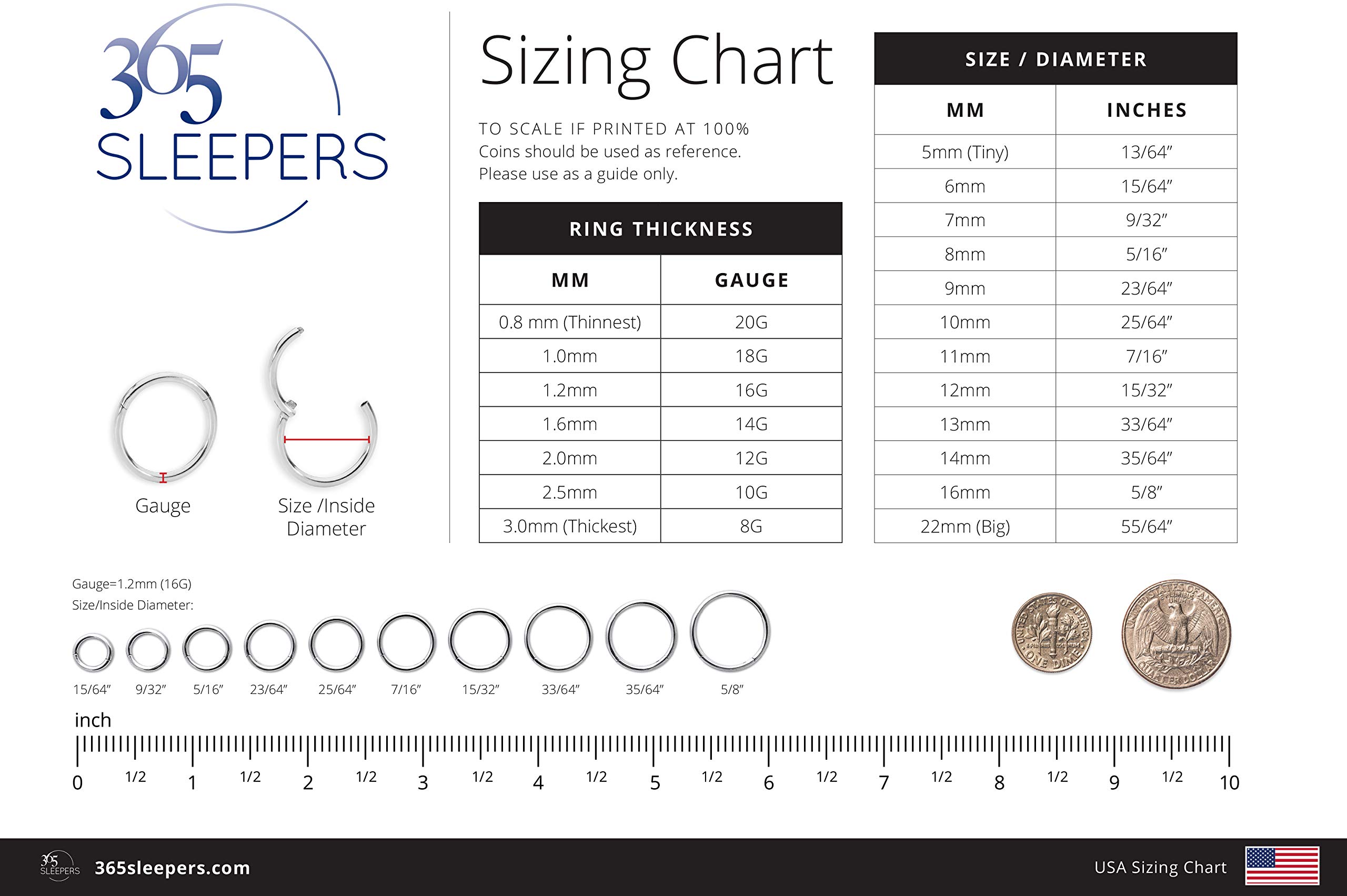 365 SLEEPERS 2PCS 16G Surgical Stainless Steel 6mm - 10mm Hinged Hoop Segment Nose Helix Tragus Septum Ring Unisex Sleeper Earrings