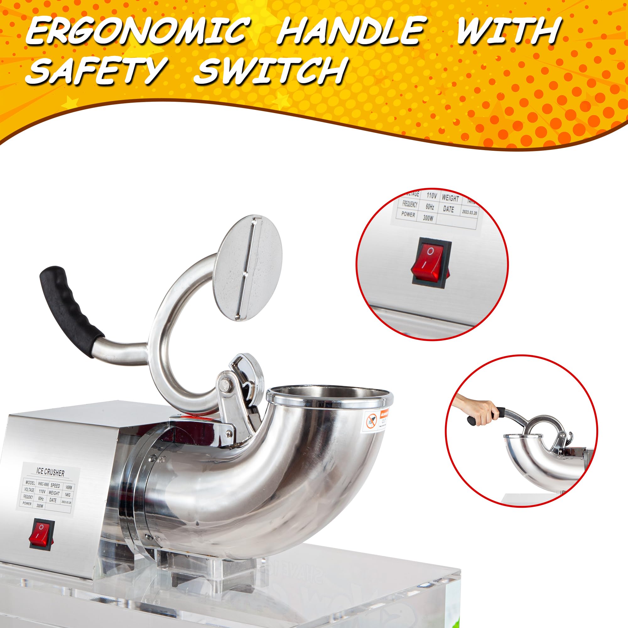 VNN 48L Snow Cone Machine, 500LB/H Commercial Shaved Ice Machine, 300W Electric Ice Shaver Machine, Suitable for Party Activities, Family Gatherings, Events