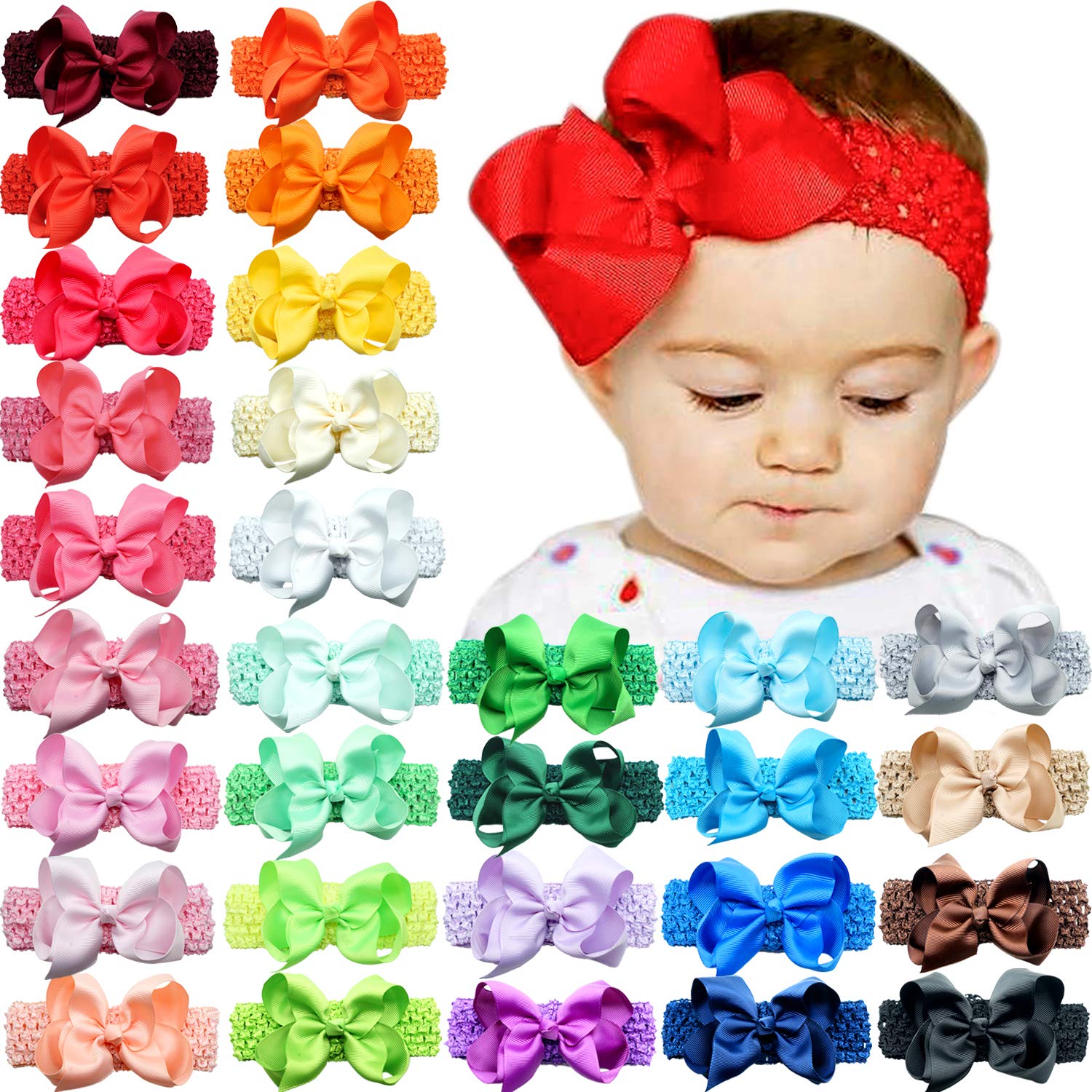 JOYOYO 30pcs Baby Girls Headbands 4.5" Hair Bows Soft Stretchy Crochet Head Wear Headbands for Baby Girls Newborns Infants Toddlers and Kids