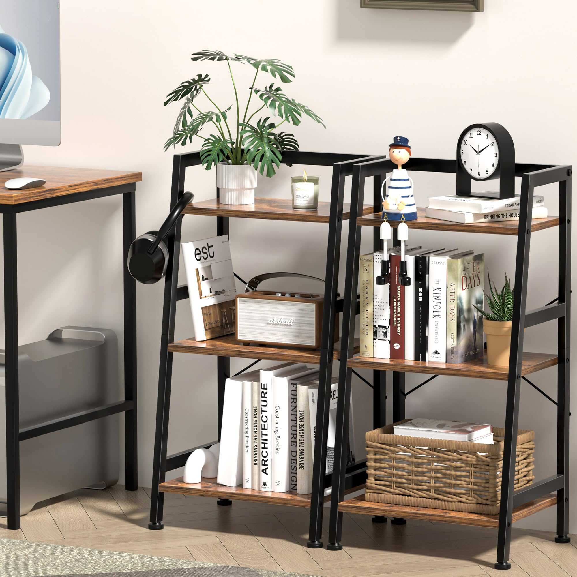 3-Tier Bookshelf, Ladder Shelf, Industrial Bookcase with Steel Frame, Metal Small Bookcase, for Living Room, Home Office, Kitchen, Bedroom, Industrial Style(Rustic Brown & Black)