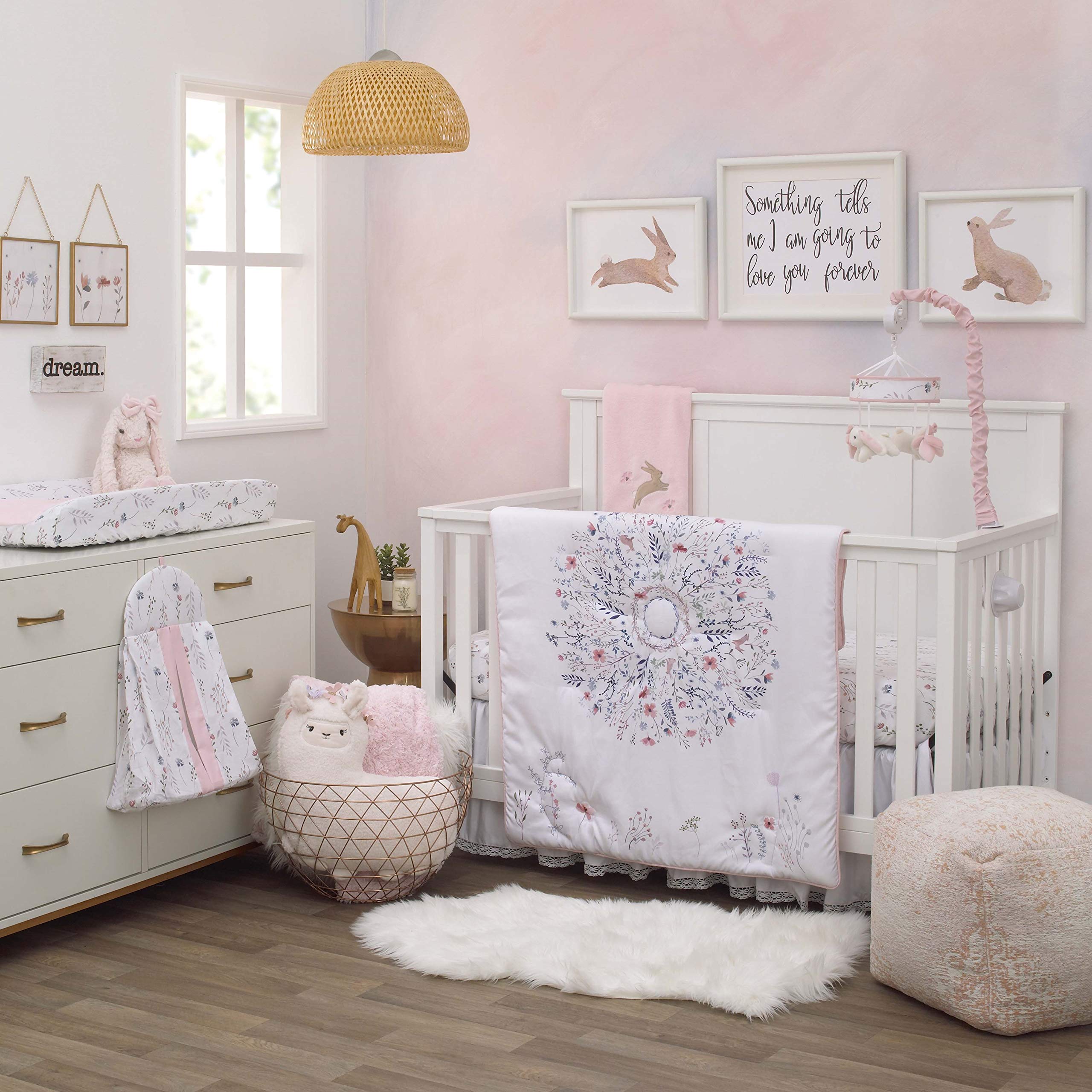 NoJo Woodland Wreath Pink, White, Blue Floral 4 Piece Nursery Crib Bedding Set- Comforter, 100% Cotton Crib Sheet, Dust Ruffle, Diaper Stacker