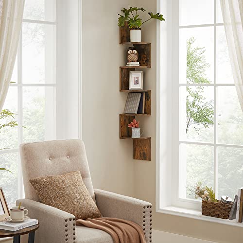 VASAGLE Corner Shelf Wall Mount, 5-Tier Floating Corner Bookshelf, Plant Shelf for Bedroom, Living Room, Bathroom, Office, Rustic Brown ULBC72BX