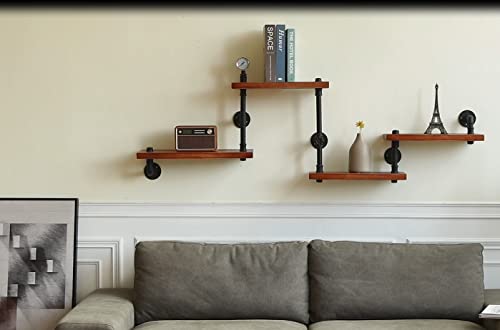 BIXIRAO Industrial Rustic Modern Solid Wood Ladder Pipe Wall Mounted Floating Shelves β 4 Tiers Bookshelf,DIY Storage Shelving,Hung Bracket,Bookcases