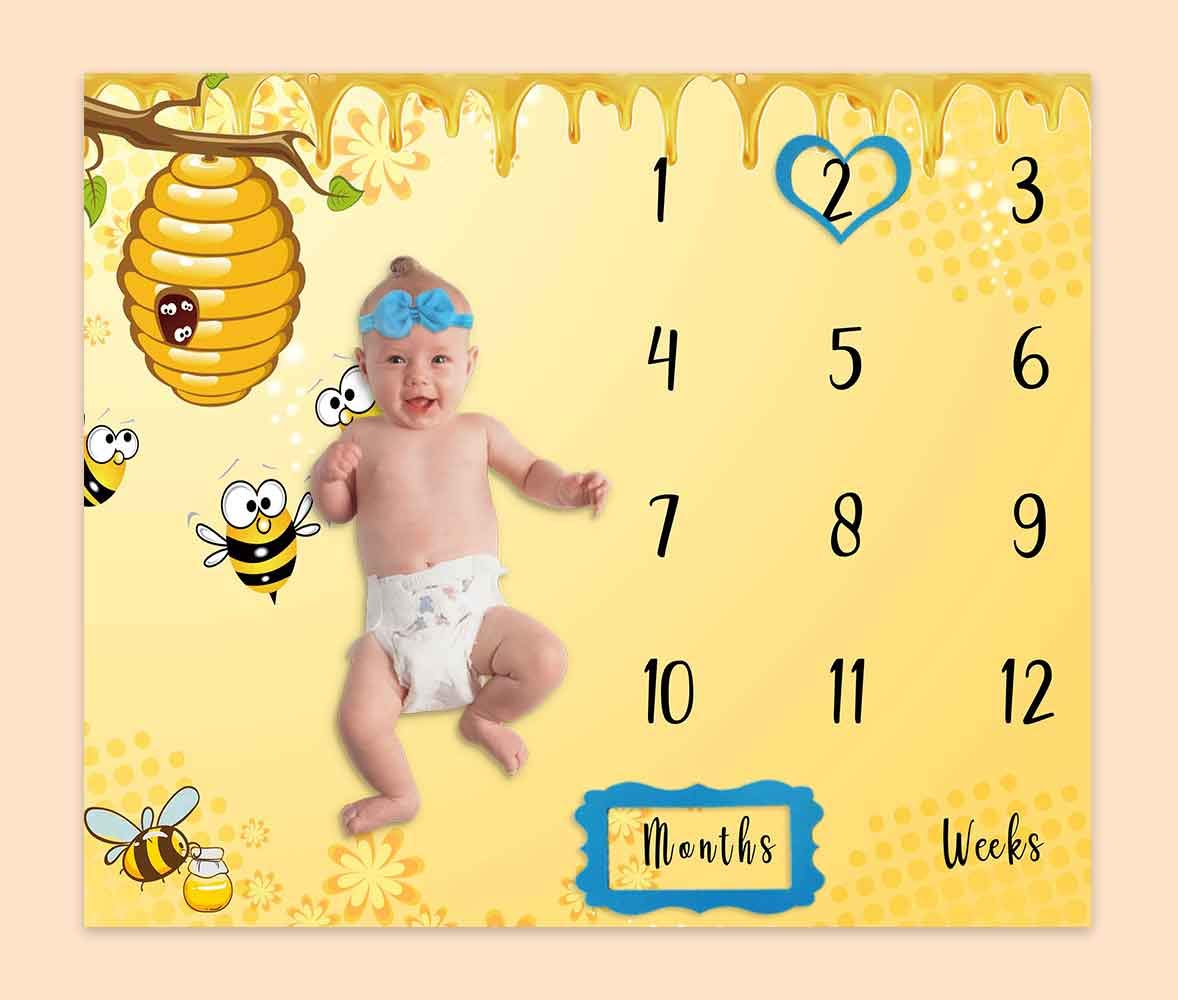 PHMOJEN Baby Age Milestone Blanket, Bee Honeycomb Blanket for Nursery, Baby 1-12 Months Growth Chart, Includes 4 Frame and 1 Headband 47"x40" BTQQPH33