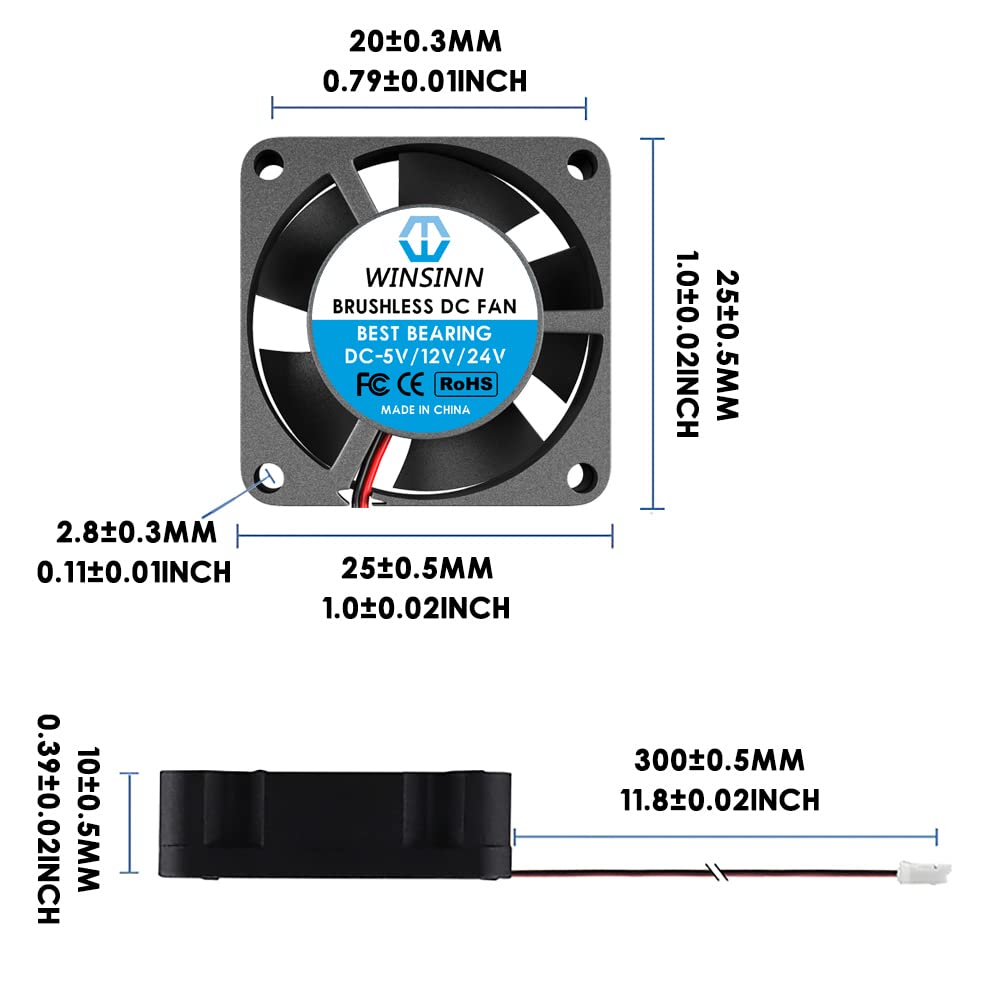WINSINN 25mm Fan 24V, 3D Printer Micro 24 Volt Fans 2510 Dual Ball Bearing, Brushless Cooling 25mmx10mm 2PIN (Pack of 2Pcs)