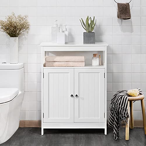Yaheetech Bathroom Floor Storage Cabinet, Wooden Free Standing Storage Organizer with 2 Doors & Adjustable Shelves, for Living Room Hallway, White