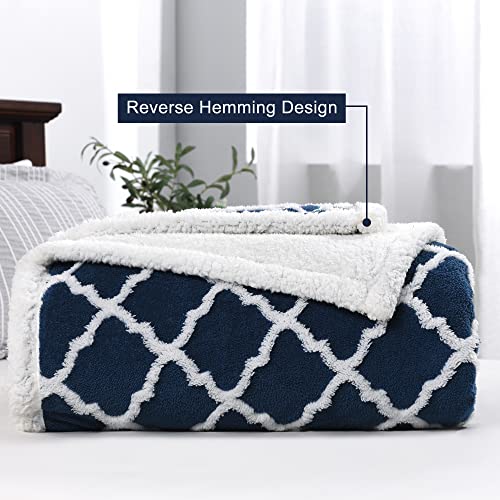 Basic Beyond Fleece Sherpa Throw Blanket - Soft Cozy Navy Blue Throw Blanket with 3D Jacquard Design for Couch,Bed,Travel,Camping,Navy Blue,50"x60"