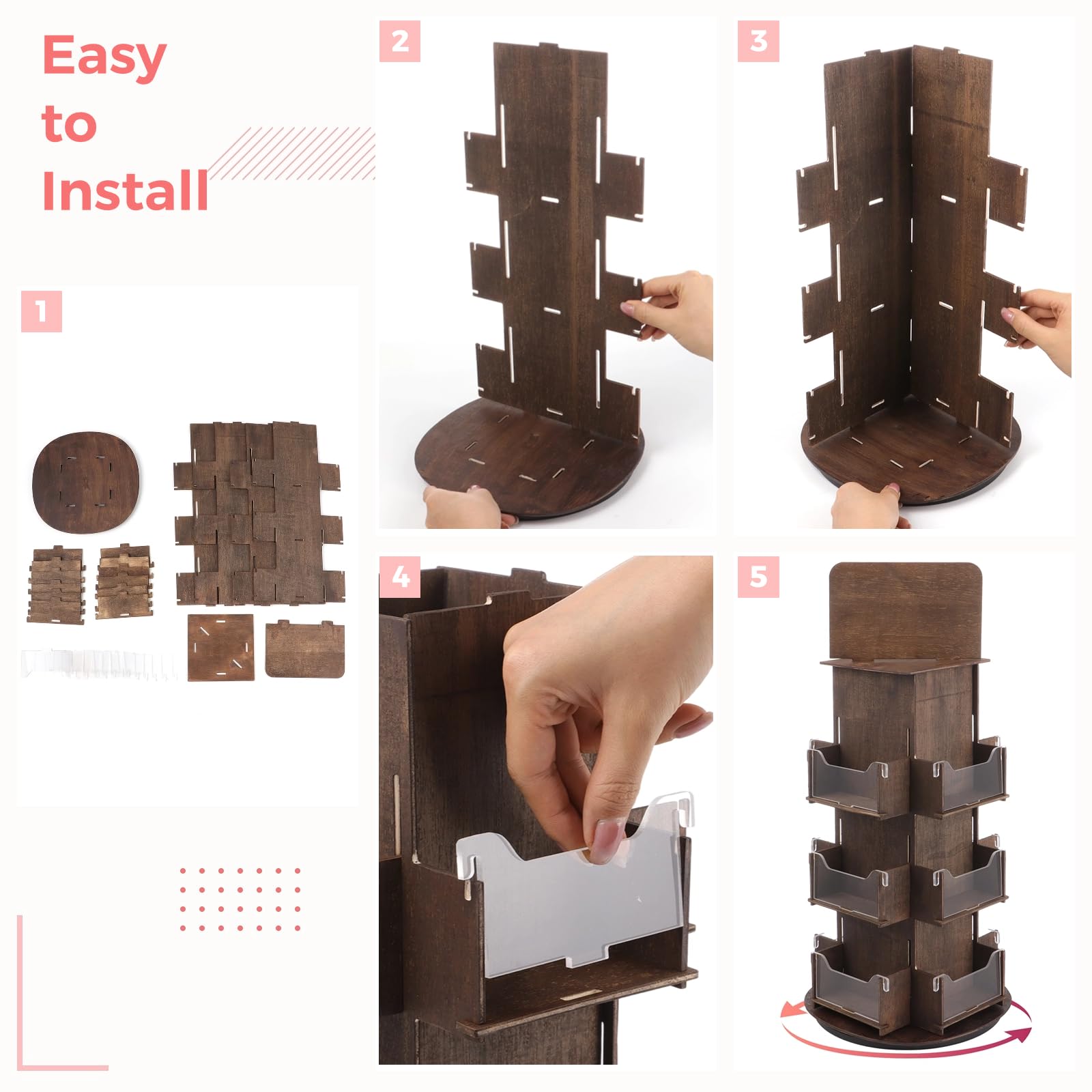 3-Tier Rotating Sticker Display Stand, 4-Sided Wood Greeting Card Display Rack, 360 Countertop Rotating Shelf for Cards, Stickers, Coasters, Multi-Pocket Tabletop Holder for Retail Tradeshow Showcase