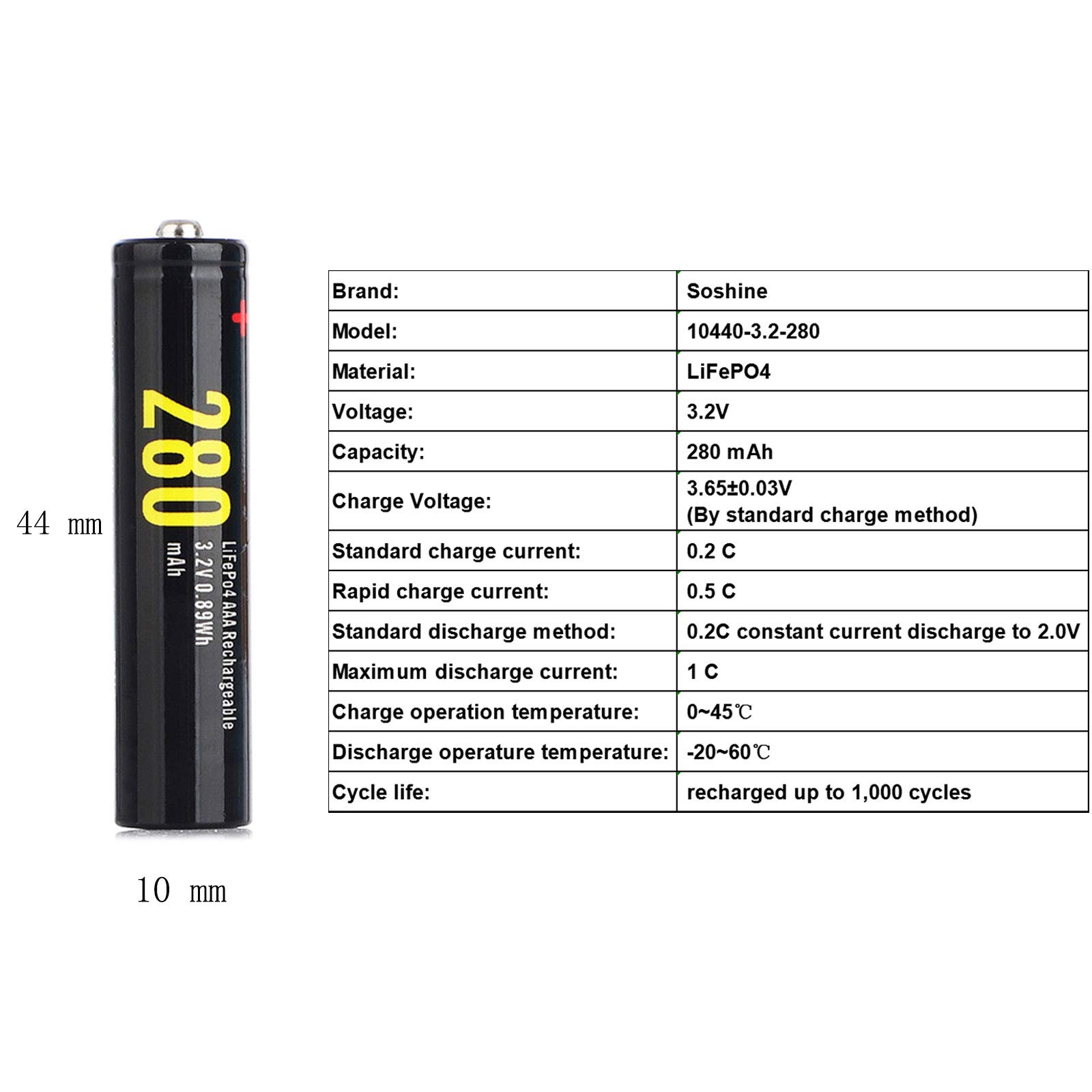 Soshine 10440 LiFePO4 Rechargeable Batteries,3.2V 280mAh Battery with Connector 6 Pack