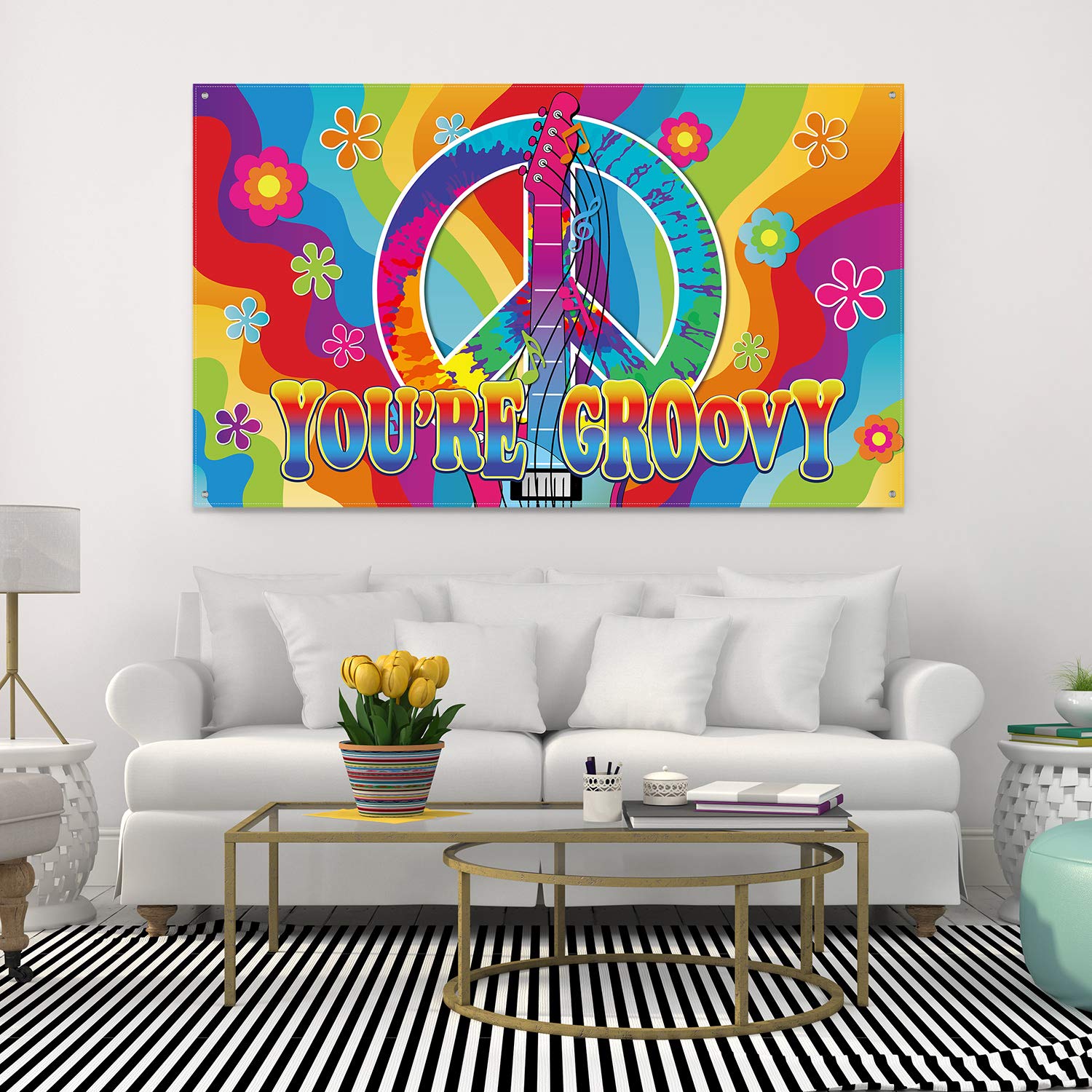 60's Party Decorations Hippie Groovy Backdrop 60s Party Sign Scene Setters Wall Decoration Banner Photo Booth Props Background with Rope for Hippie Theme Groovy Party Decorations, 72.8 x 43.3 Inch