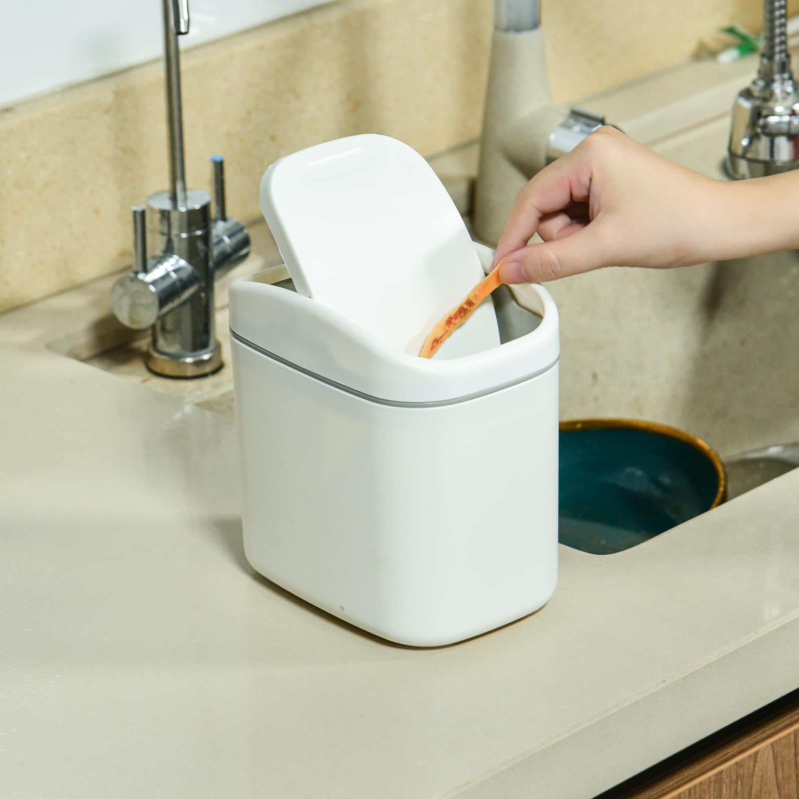 Mini Garbage Can with Swing Top Lid, 0.8 Gallon Small Trash Can White Plastic Wastebasket Mini Desktop Trash Can Organization and Accessories for Vainty Desk Kitchen Bedroom Office Camper(1 Pack)