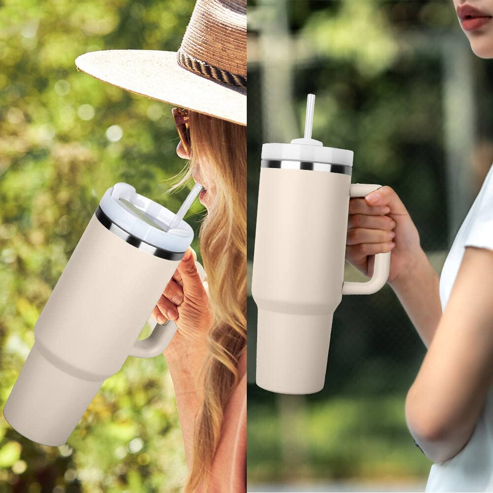 40 Oz Insulated Stainless Steel Tumbler with Handle and Straw Lid - Reusable Water Bottle for Hot and Cold Beverages (Beige)
