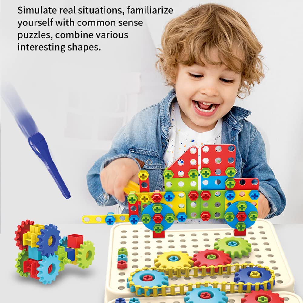 Gears Toys for Kids,Colorful Building Blocks,Tools Box Include Drill for Kids & Drive Belt Gears,Child Development Toys for Ages 3