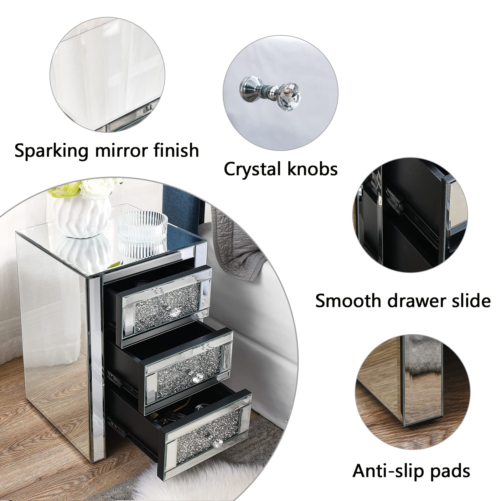 Alohappy Mirrored Nightstands Set of 2 with 3-Drawers, Modern Mirror Glass End Table Silver Bedside Table for Living Room/Bedroom (2PCS)