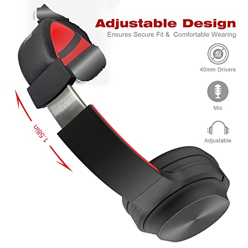 Besom On-Ear Headphones with Microphone Lightweight Folding Stereo Headset Tangle Free Cord, Wired Headphones for Cellphones Smartphone Tablet Laptop Computer MP3/4 (Red)