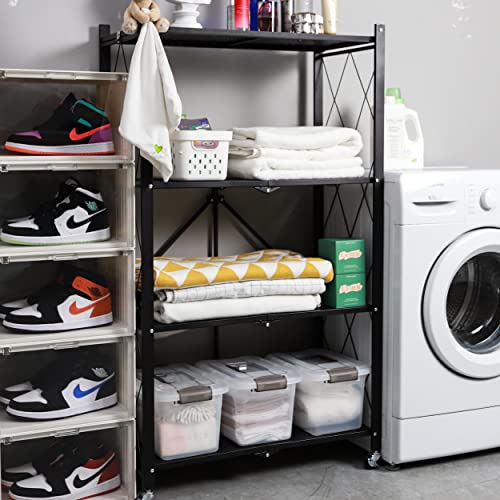Citylife 4-Tier Storage Shelves with Wheels Foldable Shelving Unit Heavy Duty Garage Metal Storage Rack Kitchen Shelf for Storage