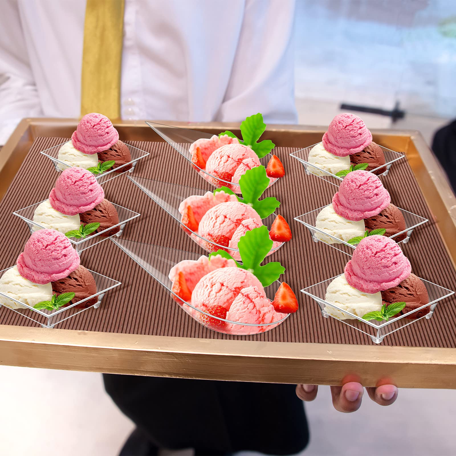 400 Pcs Mini Dessert Plates with Tasting Spoons Disposable Serving Trays 100 Pcs Small Square Appetizer Plates 100 Pcs Clear Plastic Plates 200 Pcs Mini Spoons for Desserts Party Fruit (Water Drop)