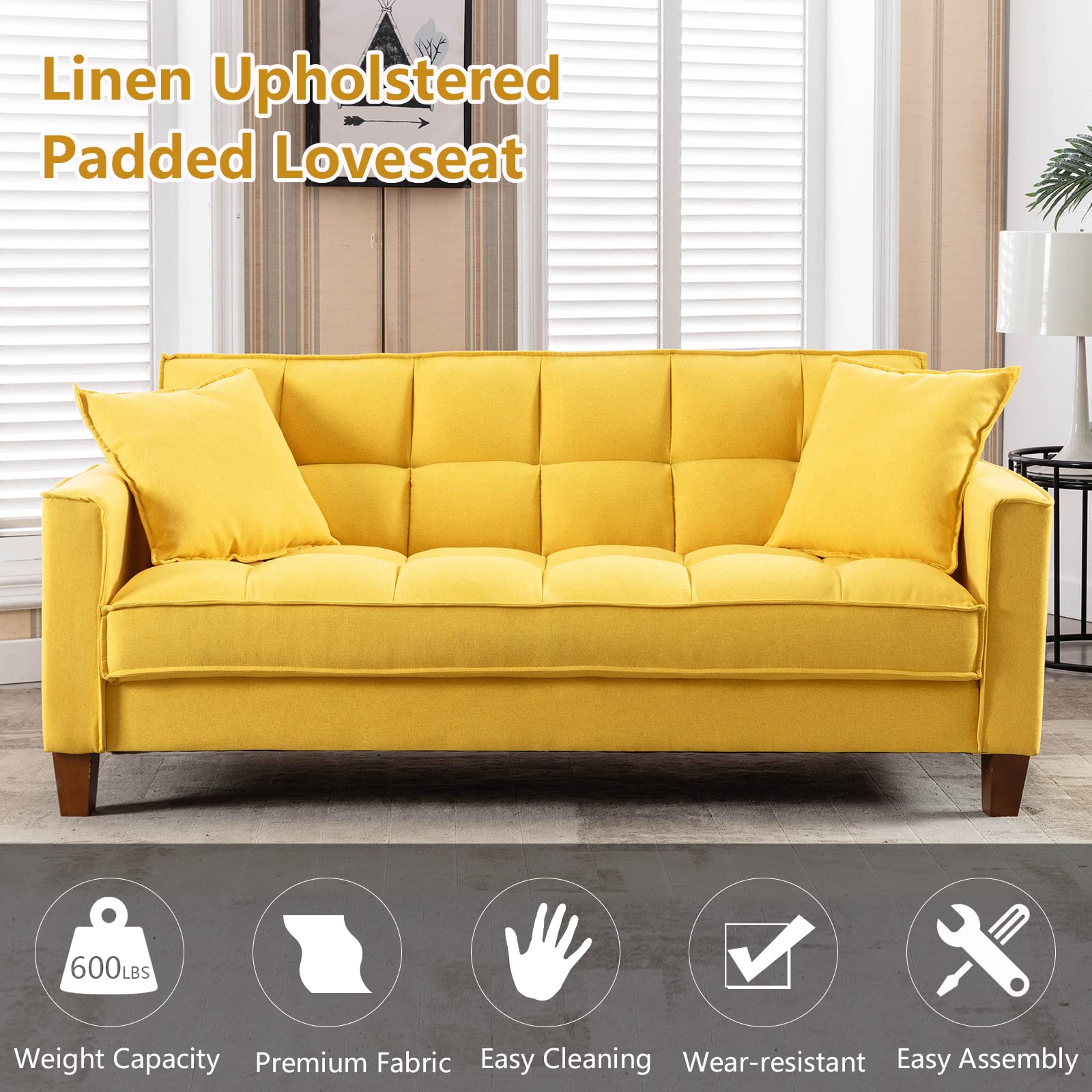 mikibama Linen Sofas Couchs for Living Room Grid Tufted Loveseat Sofa Padded 2 Seater Bedroom Couch Soft Comfy Sofa Bed for Small Space Apartment with Solid Wood Legs (Beige)