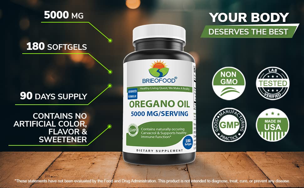 Brieofood Oregano Oil 5000mg/Serving - Contains Naturally Occuring Carvacrol - Healthy Immune Function - 180 Softgels