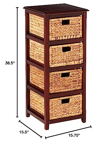 OSP Home Furnishings Seabrook Storage Tower with Solid Wood Frame and Natural Baskets, 4-Drawer, Espresso Finish