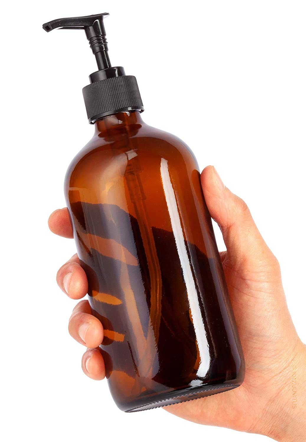 8 oz Amber Boston Round Thick Glass Bottle with Black Lotion Pump (2 Pack) + Label