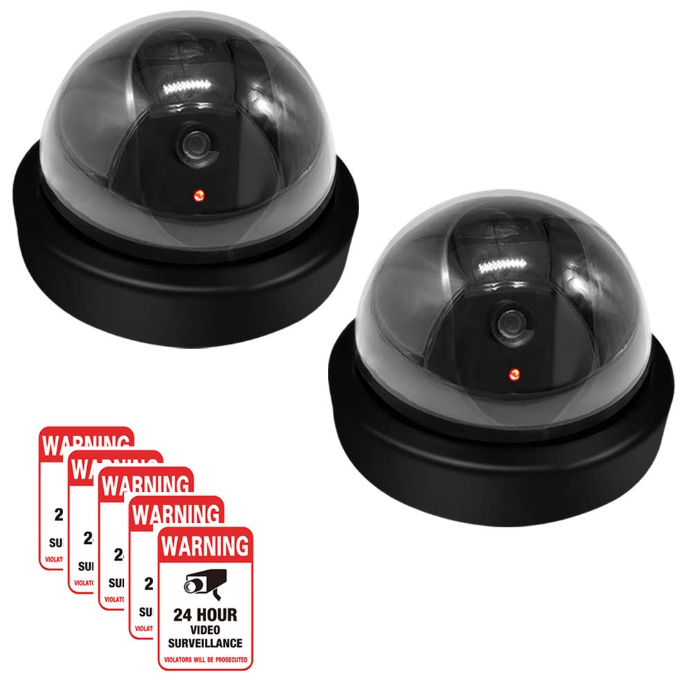 findTop Dummy Camera CCTV Surveillance System with Realistic Simulated LEDs, 2 Pack Fake Hemisphere Security Camera with 5 Pieces Warning Security Alert Sticker Decals